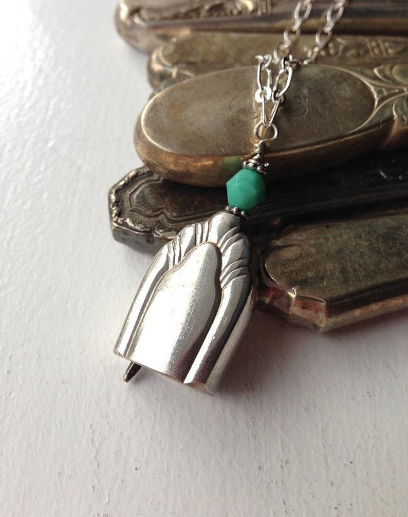 Antique butter knife bell pendant necklace blue-green bead | Etsy