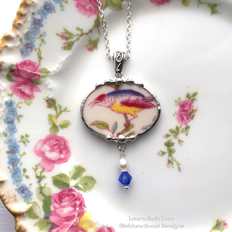 Broken China Jewelry Bird of Paradise Necklace Pendant With Crystal and ...