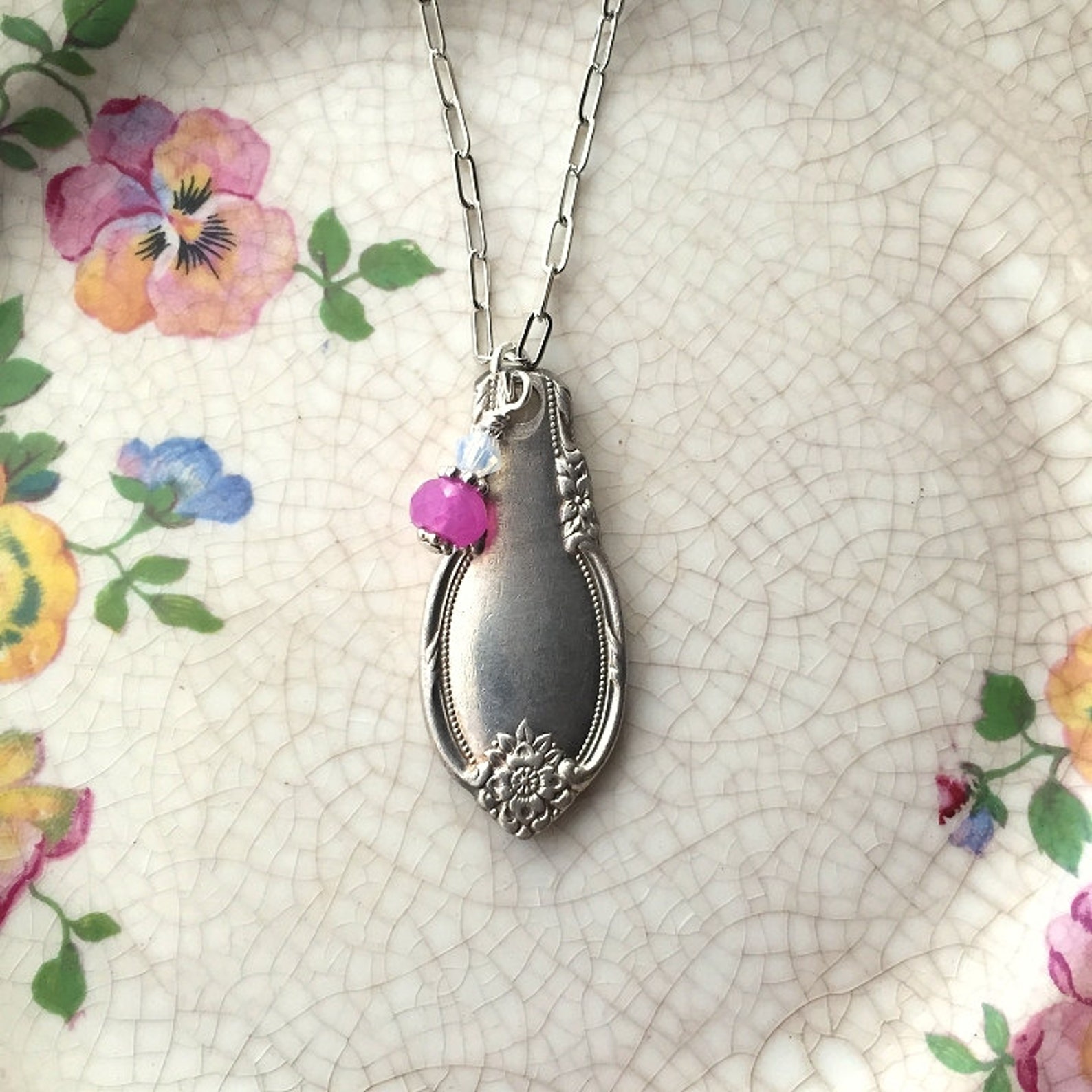 Antique Spoon Handle Pendant Necklace Pink Jade and Crystal Beads ...