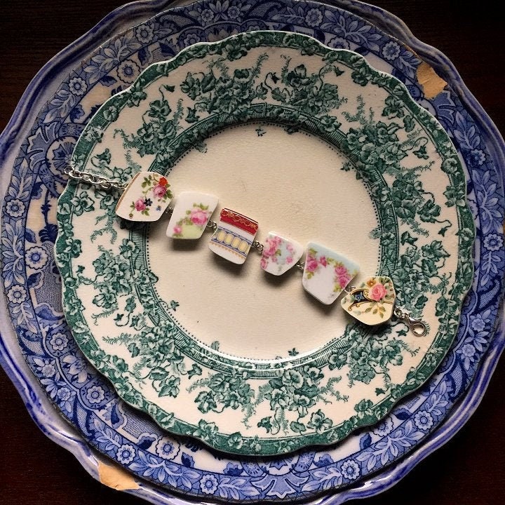 Rose China, Broken China Jewelry, Broken China Bracelet, Made From ...