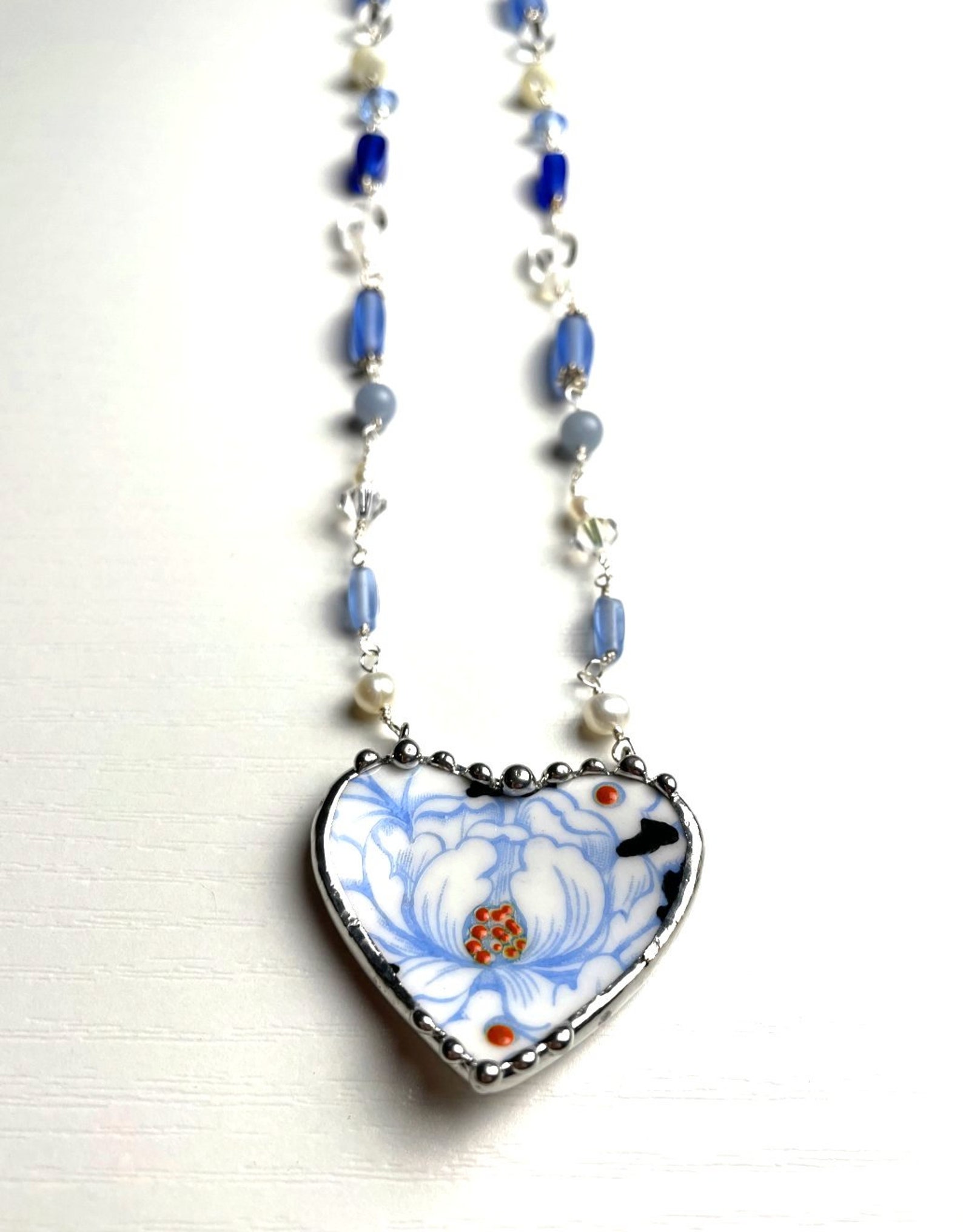 Antique Broken China Jewelry Necklace. Blue Peony Porcelain, Pearls ...