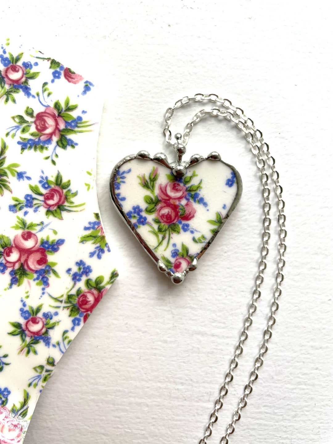 Fabulous Rosina Chintz Pink Rose & Forget Me Not, Heart Pendant, Broken ...