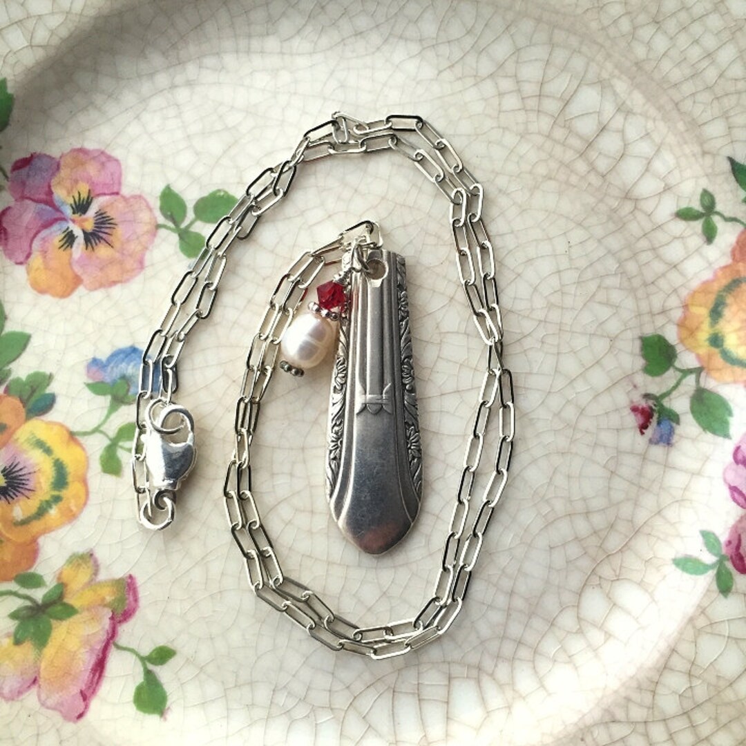 Antique Spoon Handle Pendant Necklace Pearl and Crystal Beads Upcycled ...