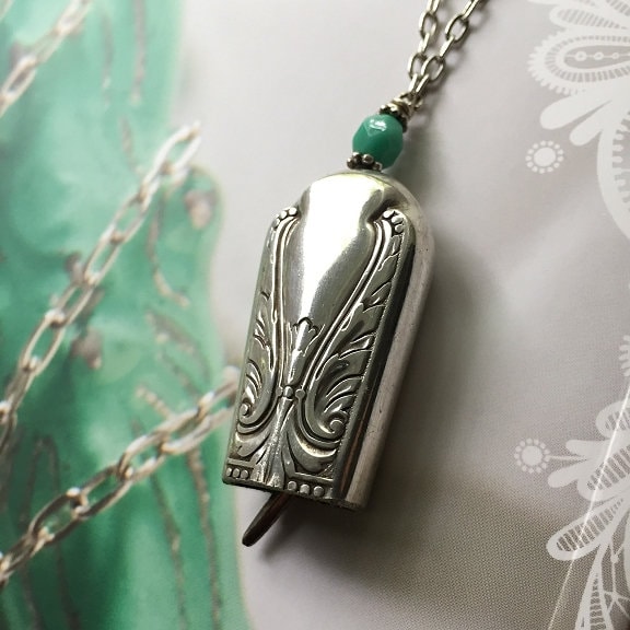 Antique butter knife bell pendant necklace blue-green bead | Etsy