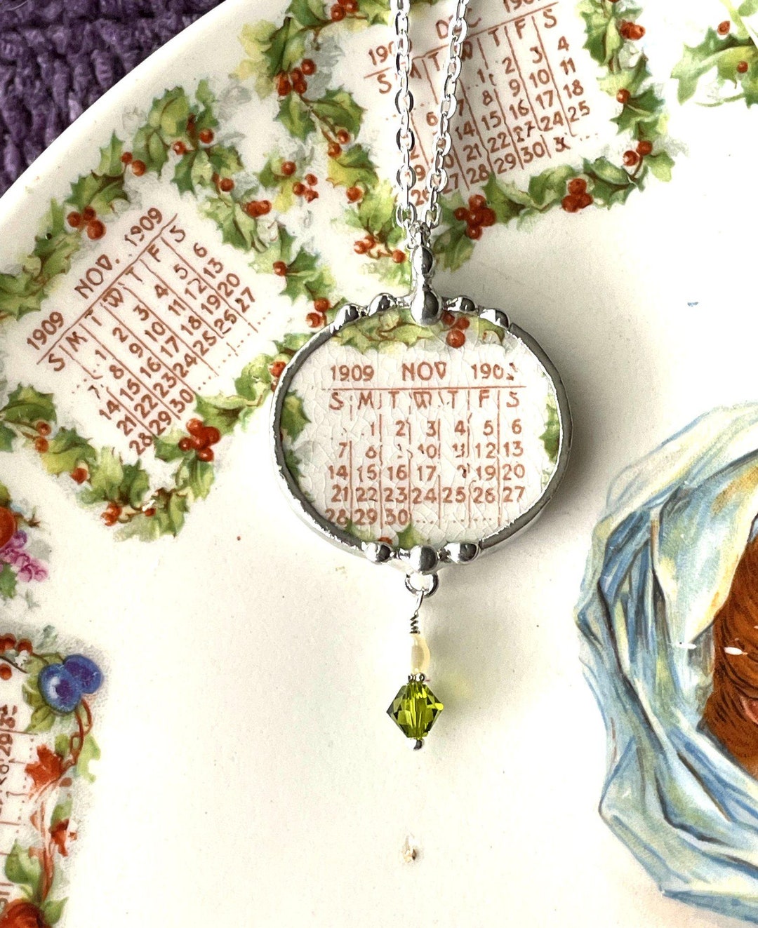 Antique November 1909 Calendar Plate Pendant, Broken China Jewelry ...