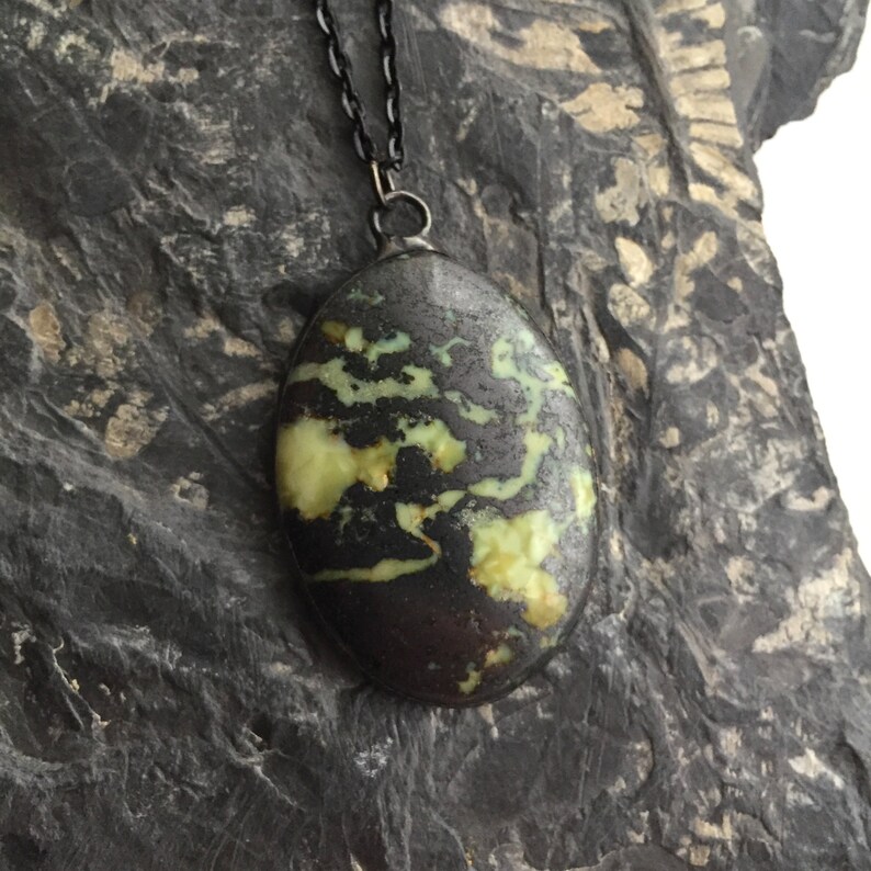 Large Black and Apple Green Stone Gaspeite Gemstone Cab Amulet Pendant ...