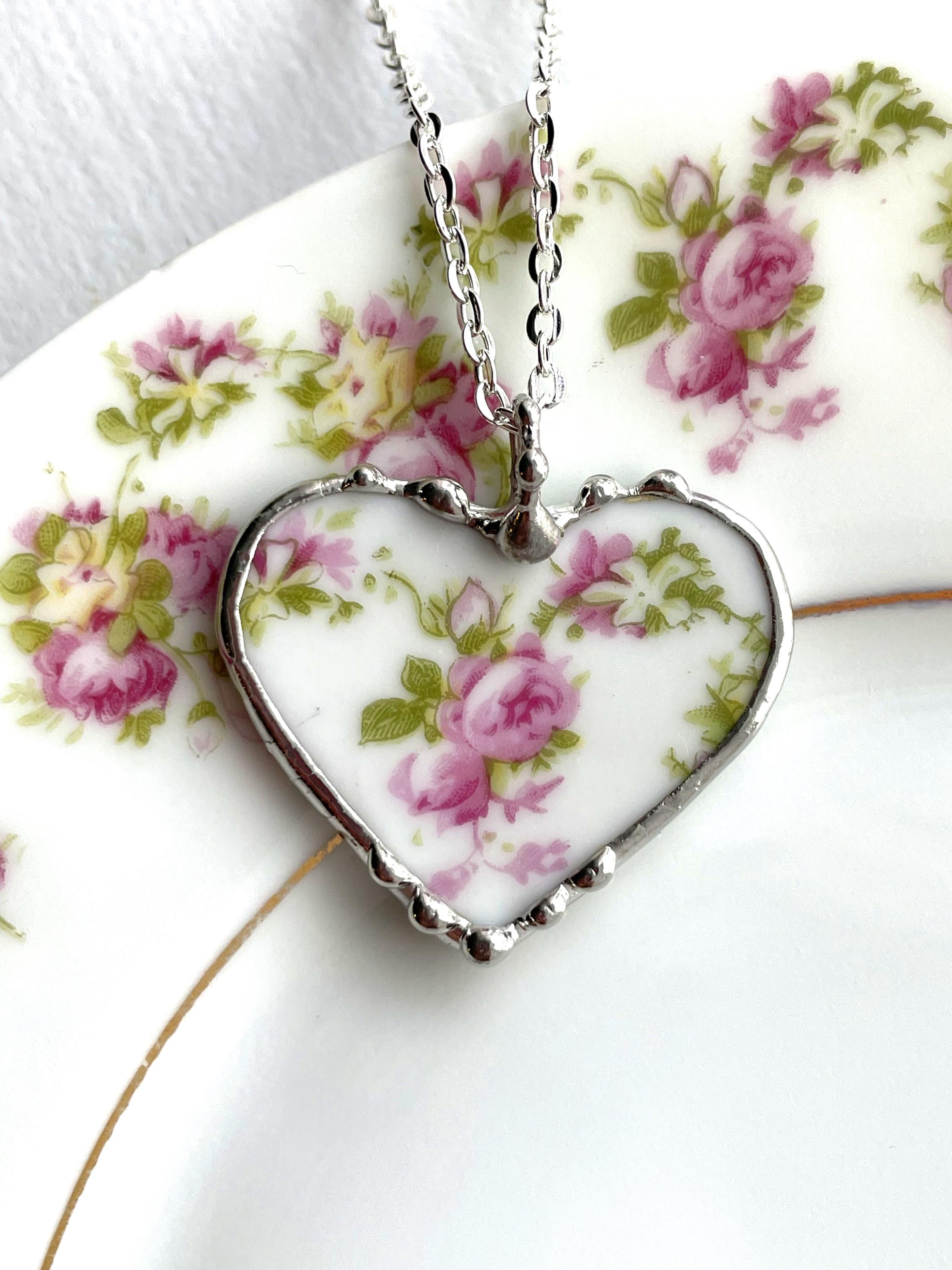Broken China Jewelry Heart Pendant, Delicate Pastel Roses, Antique ...