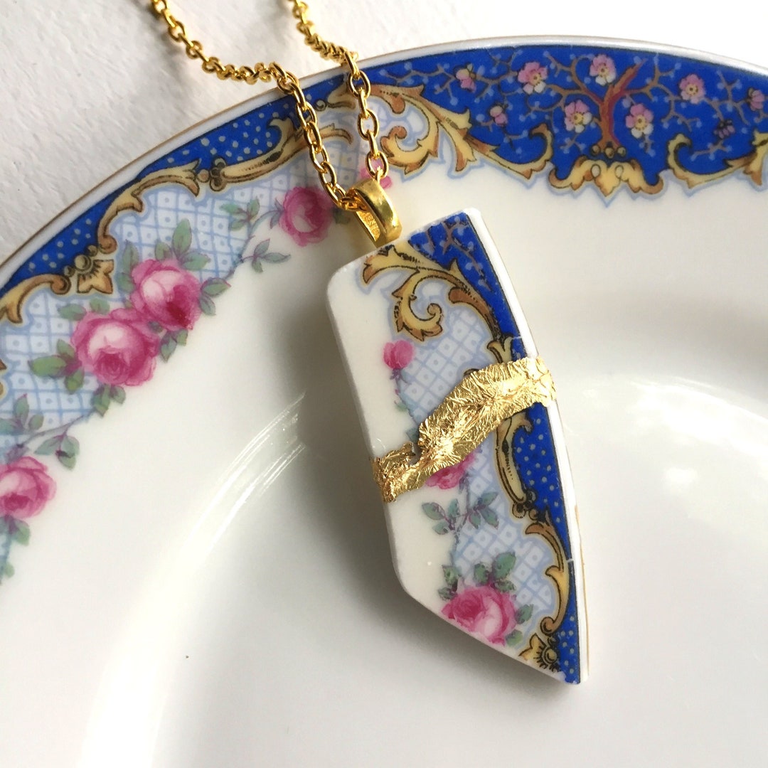 Kintsugi Jewelry, Gold Mended, Broken China Jewelry, China Pendant Necklace With Chain, Blue and ...