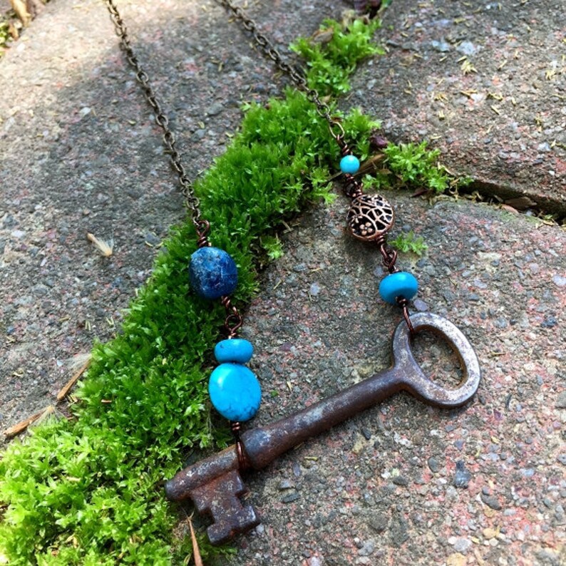 Antique Key Necklace Turquoise Apatite Copper Semi - Etsy