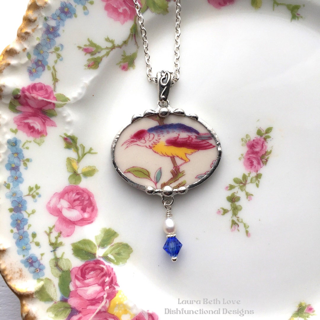 Broken China Jewelry Bird of Paradise Necklace Pendant With Crystal and ...