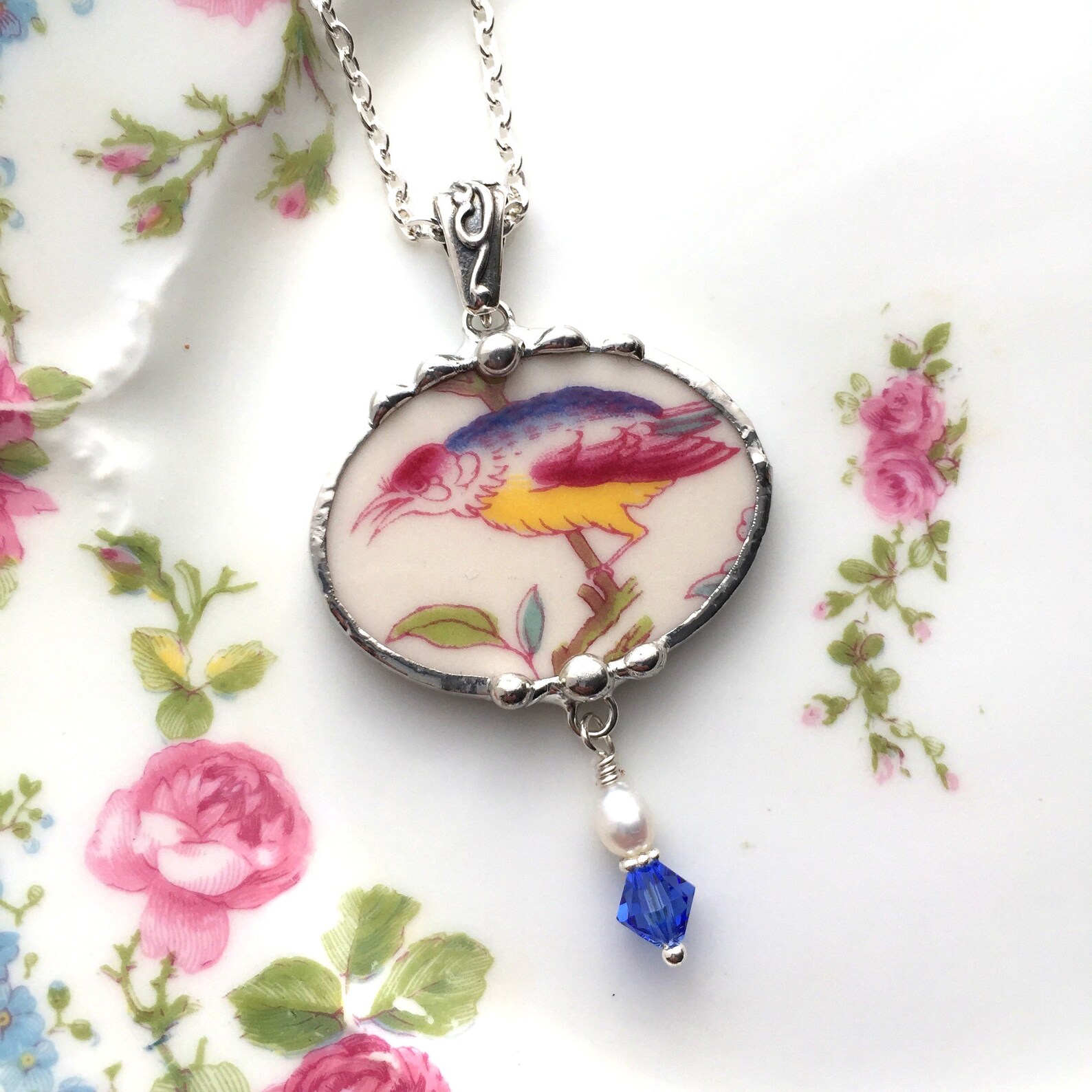 Broken China Jewelry Bird of Paradise Necklace Pendant With Crystal and ...