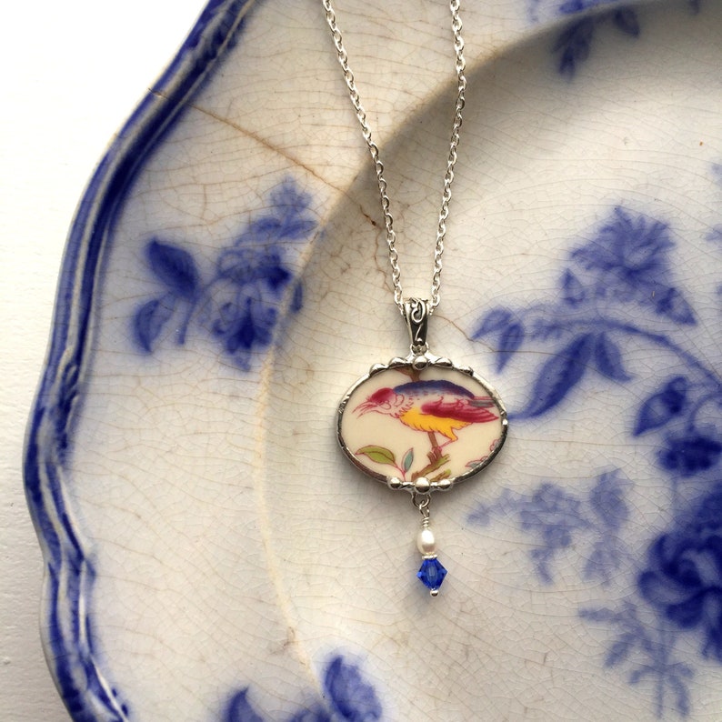 Broken China Jewelry Bird of Paradise Necklace Pendant With - Etsy