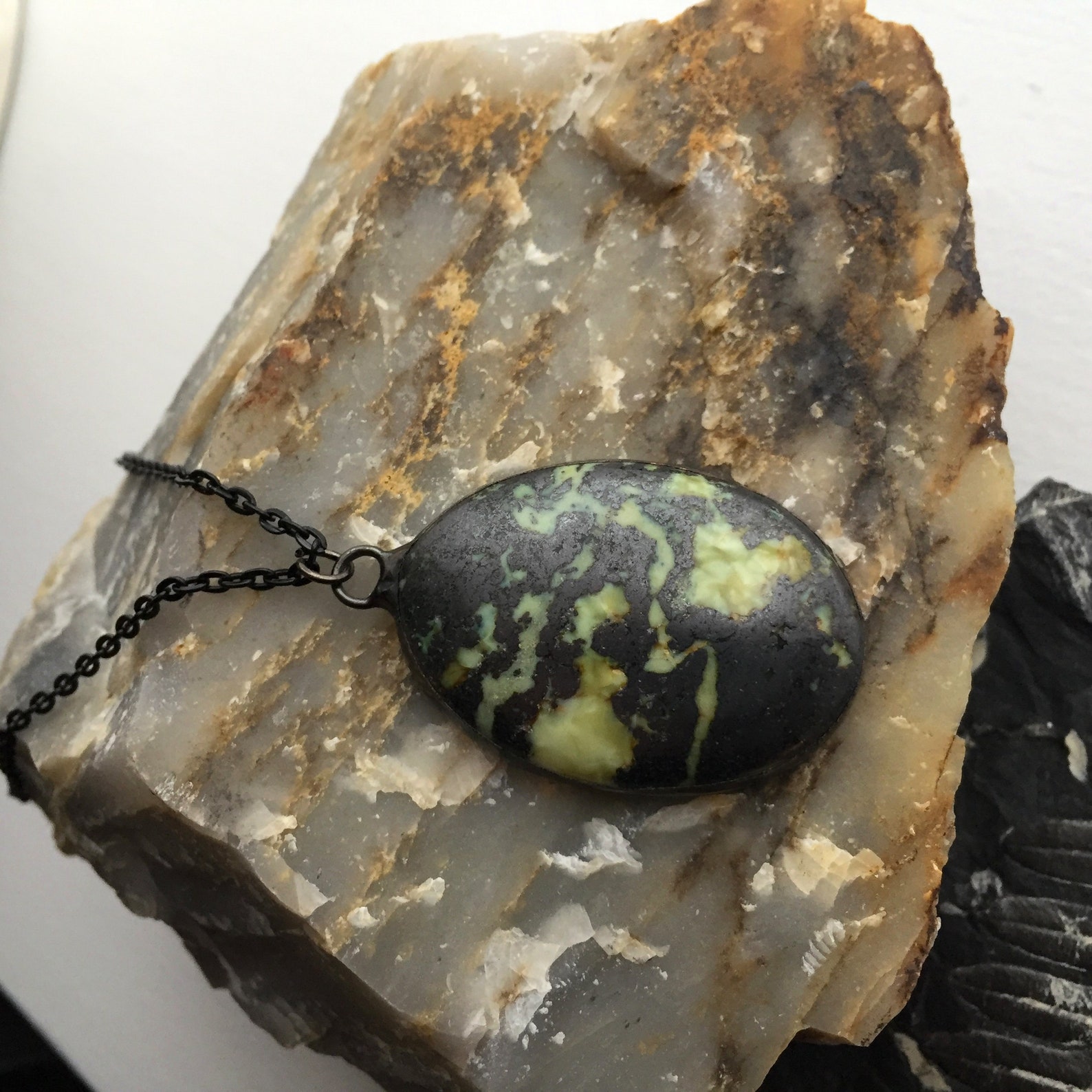 Large Black and Apple Green Stone Gaspeite Gemstone Cab Amulet Pendant ...