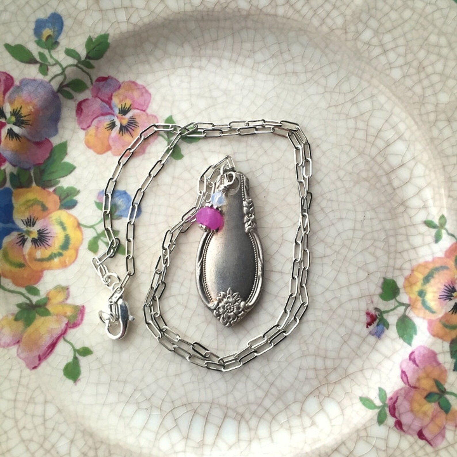 Antique Spoon Handle Pendant Necklace Pink Jade and Crystal Beads ...