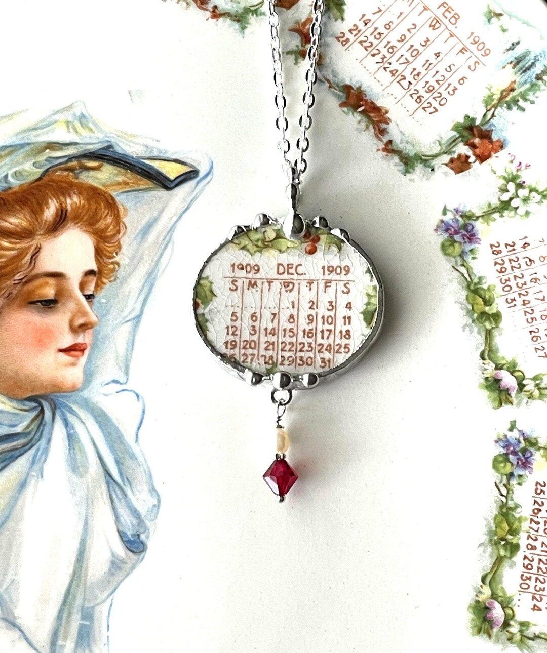 Antique December 1909 Calendar Plate Pendant, Broken China Jewelry ...