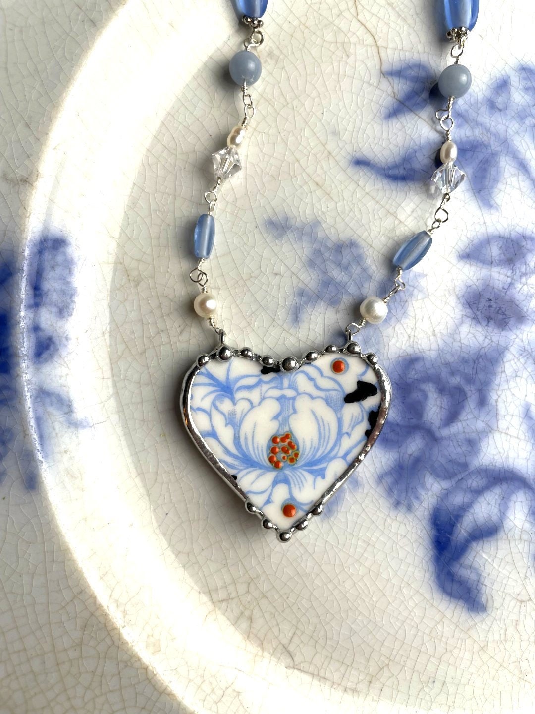 Antique Broken China Jewelry Necklace. Blue Peony Porcelain, Pearls ...