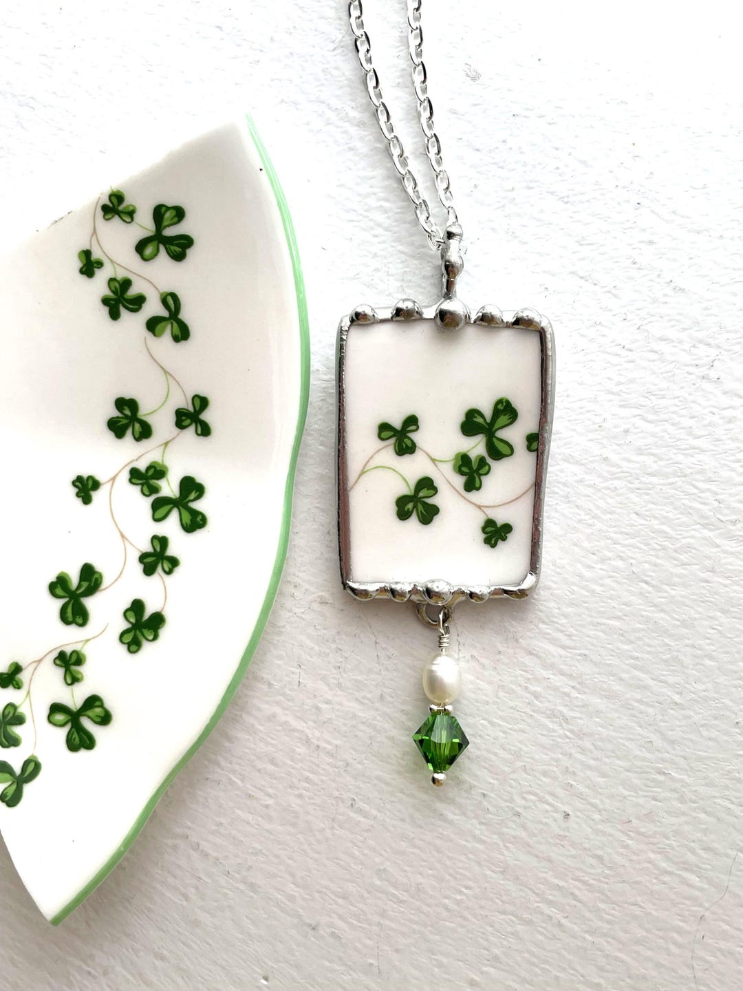 Broken China Jewelry, Green Shamrock Clover Ireland Pendant Necklace ...