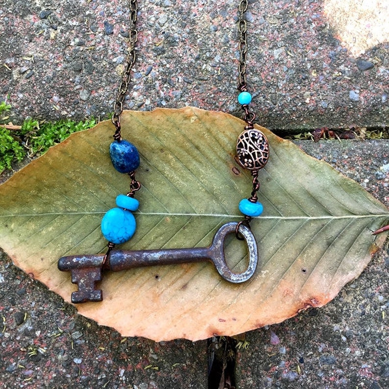 Antique Key Necklace Turquoise Apatite Copper Semi - Etsy