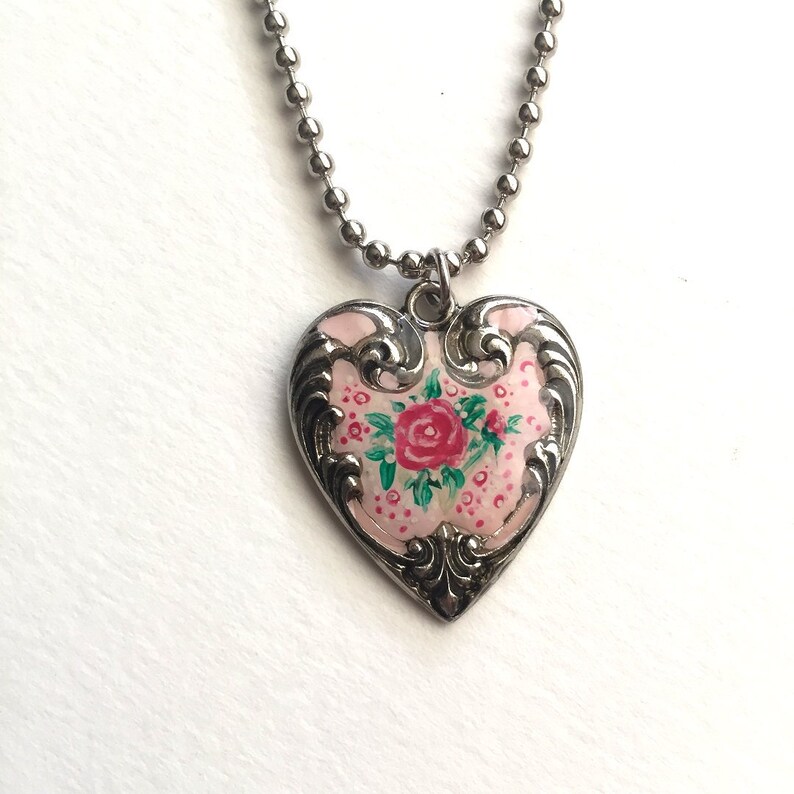 Painted Enameled Heart Charm Pink Rose Silver Painted Heart - Etsy