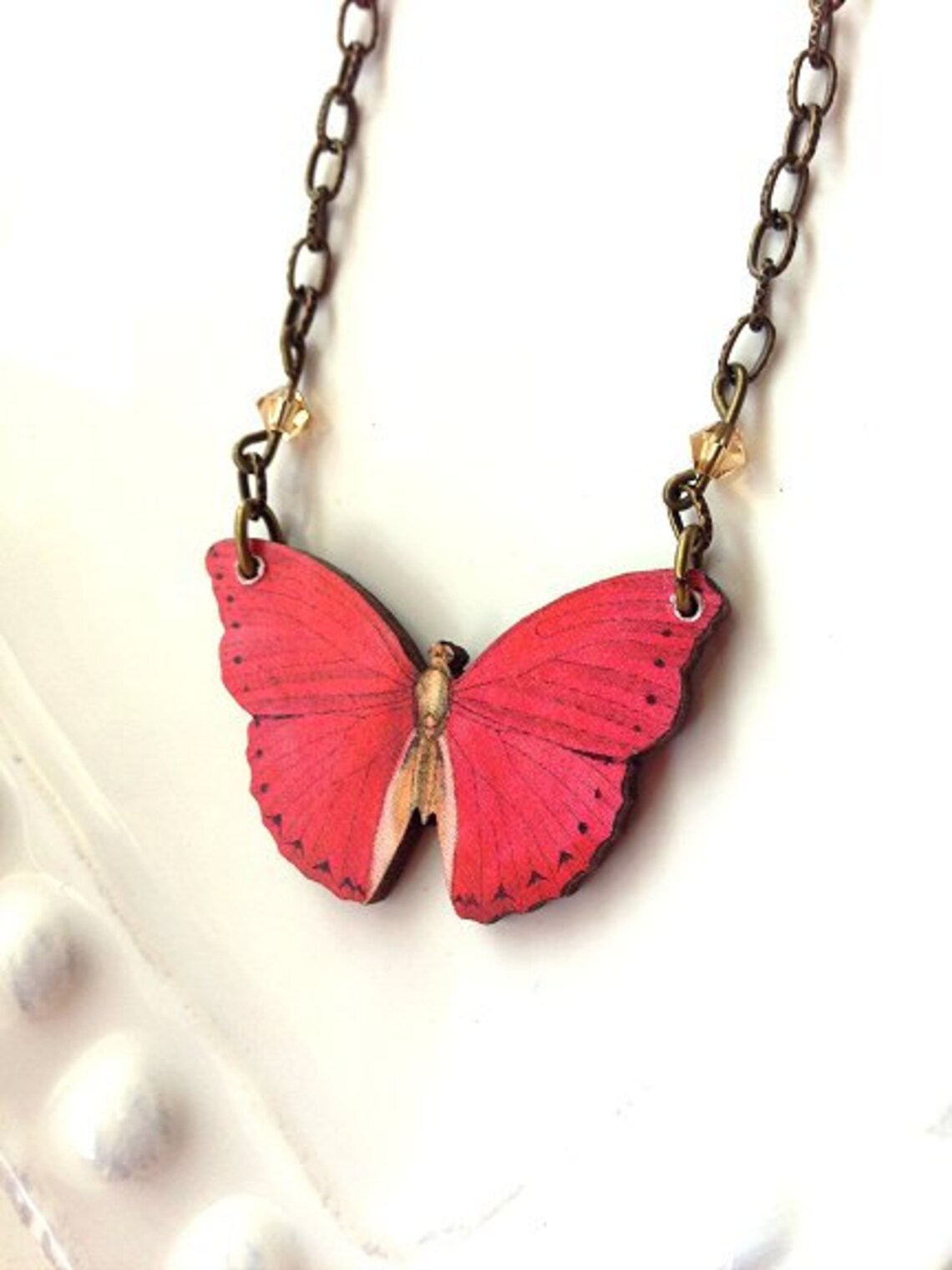 Butterfly Necklace Pinkish Red With Tan Crystals Beads Chain Nature ...