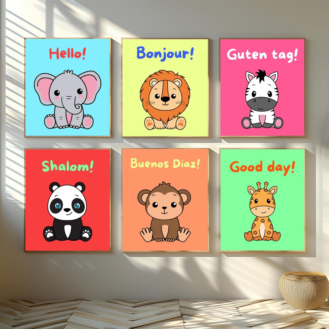 Multilingual Hello Poster With Cute Baby Animals – Digital Wall Art for ...