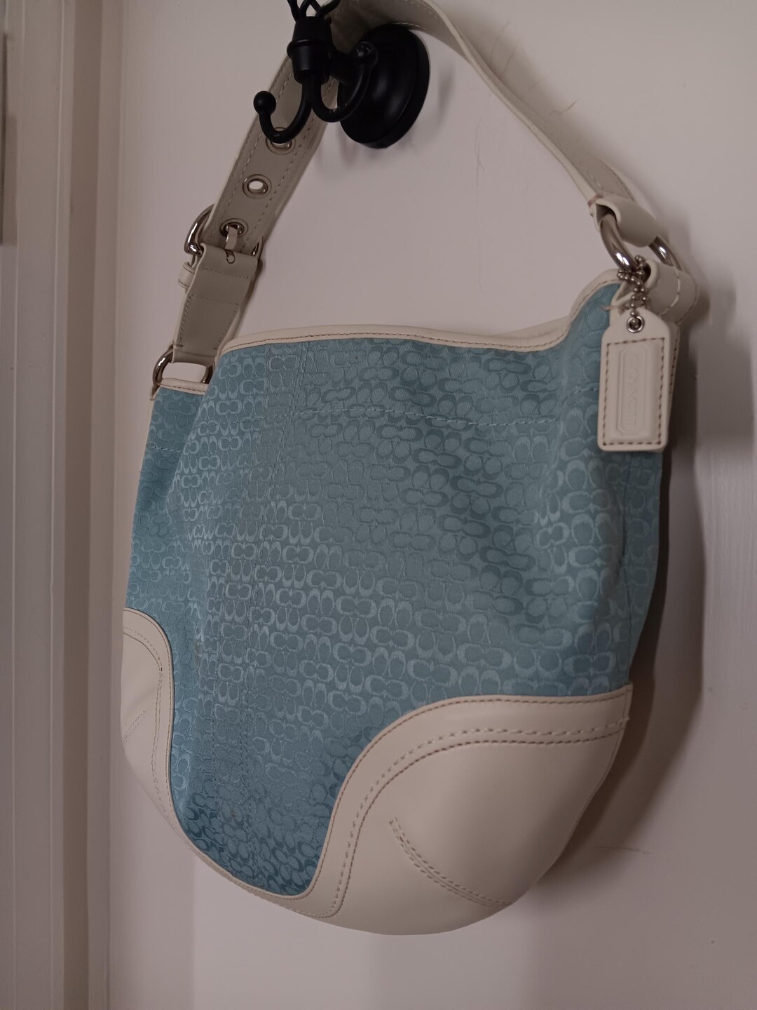 Coach Sky Blue and White Leather C Bag With Zipper and Leather Strap ...