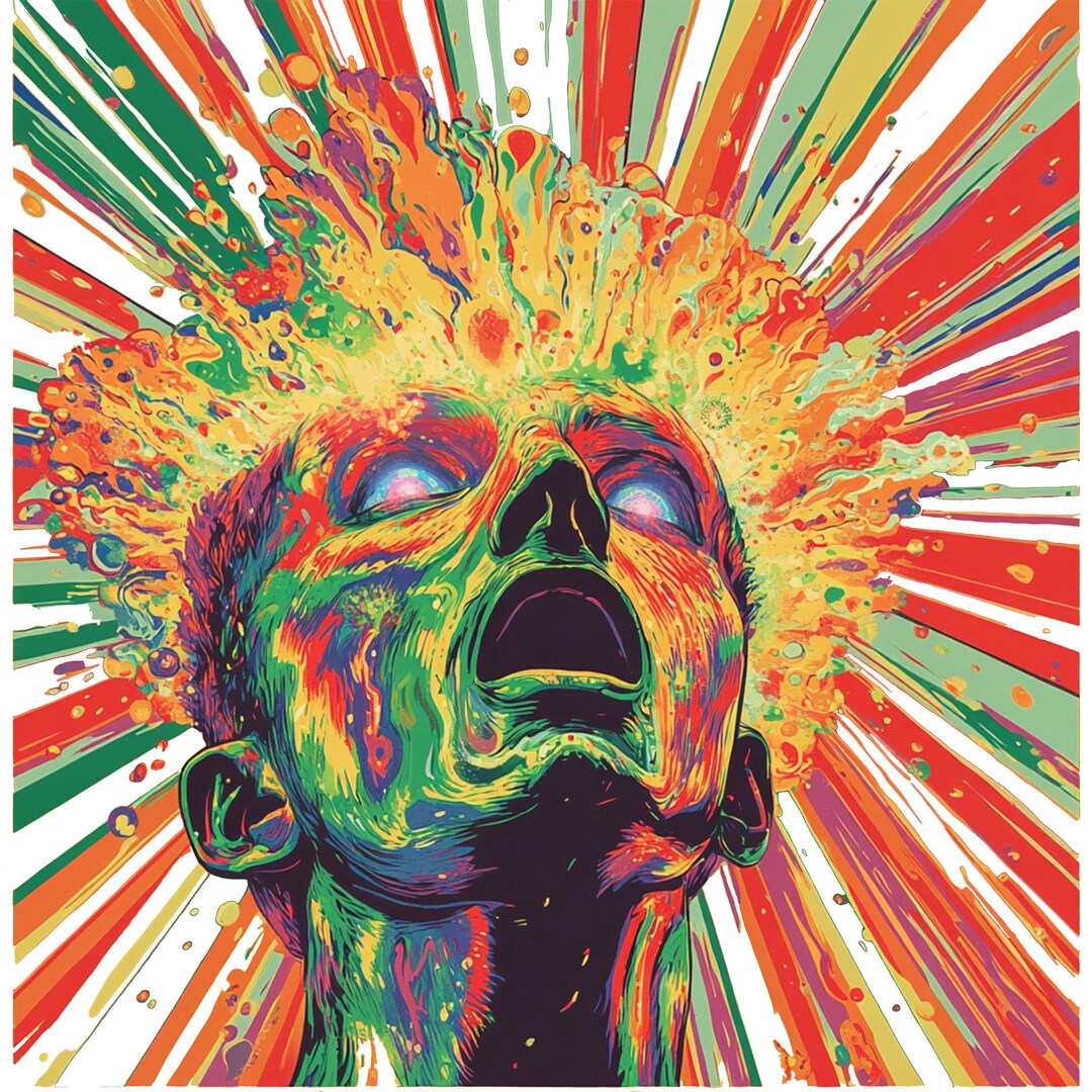 Exploding Head With Light and Rainbow, Flat Art, Psychedelic Art, Retro ...