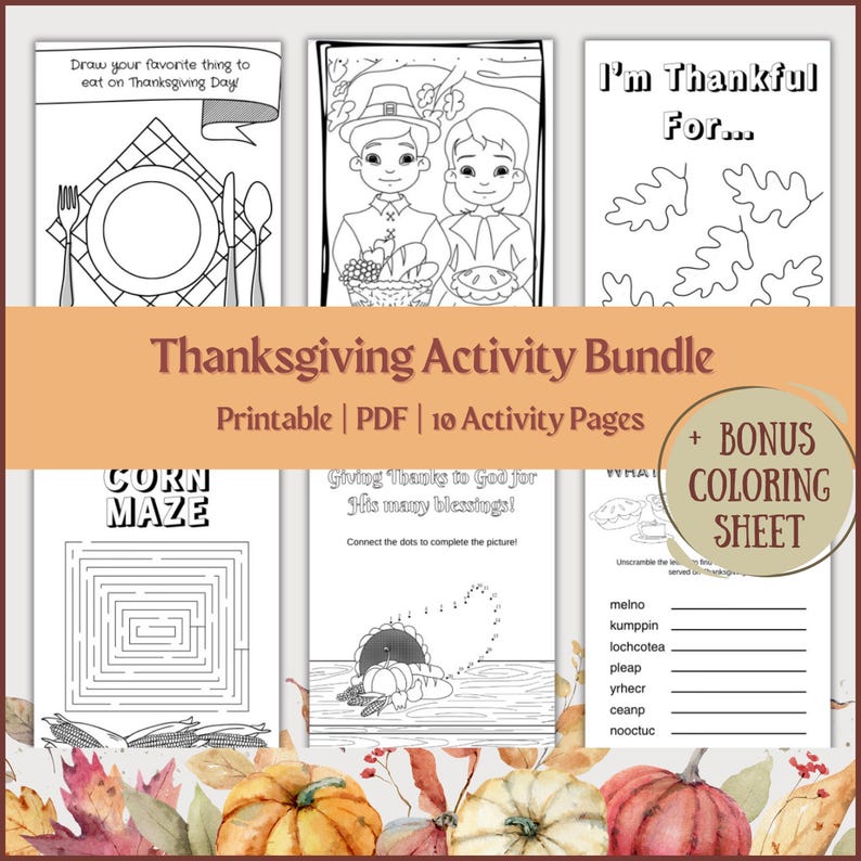 Thanksgiving Activity Bundle: Kids Worksheets & Coloring Pages (PDF ...