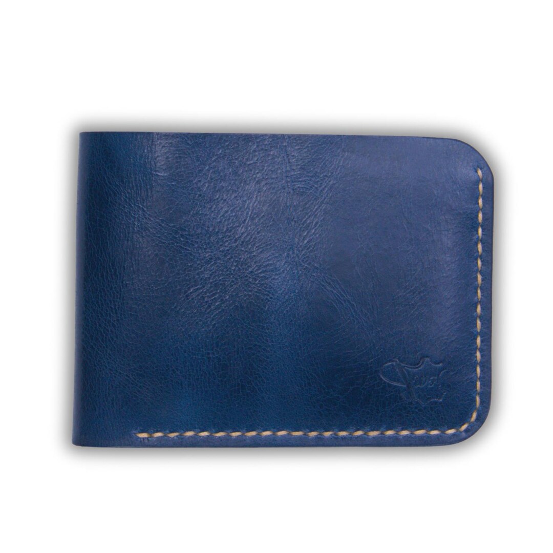 Handmade Blue Leather Bifold Wallet: Full Grain Slim Design - Etsy