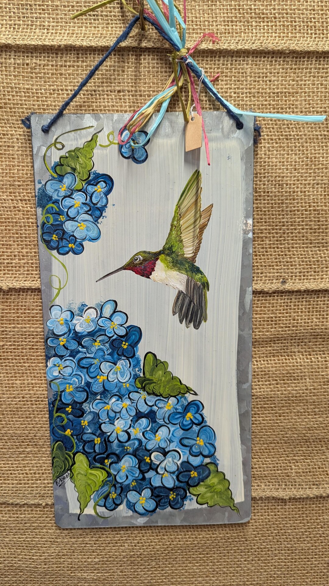 Hand Painted Blue Hydrangea Hummingbird Tin Sign - Etsy