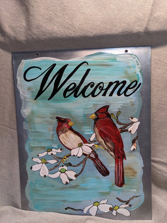 Welcome Cardinal Bird Tin Garden Sign Hand Painted CLEARANCE - Etsy
