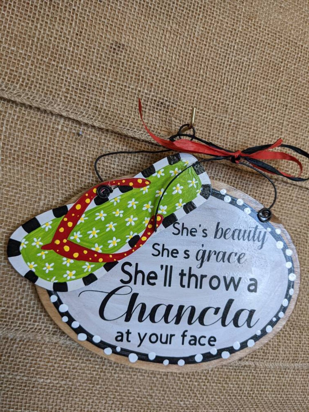 Chancla Flip Flop Phrase Greeting Hand Painted Wooden Sign Door Hanger ...