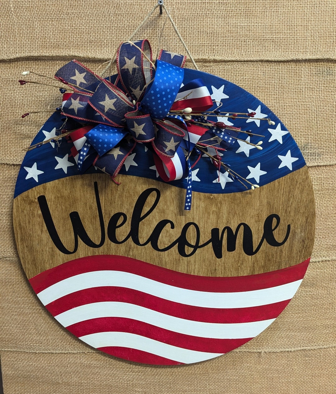 Welcome American Flag Large Wooden Door Hanger Circle - Etsy
