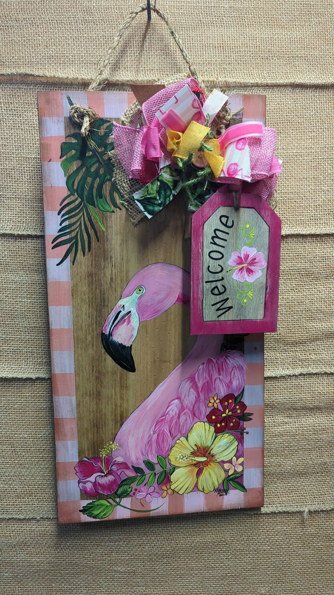 Flamingo Welcome Hello Hand Painted Wooden Door Hanger - Etsy