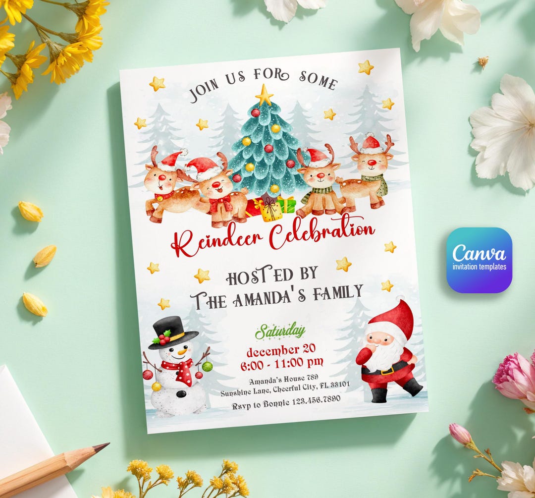 Printable Reideer Invitation, Rudolph Birthday Invite, Editable Xmas ...