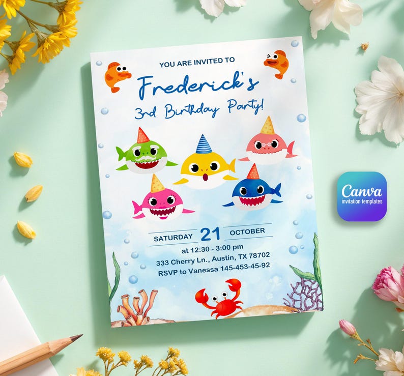 Editable Printable Baby Shark Birthday Invitation, Boy Girl Birthday ...