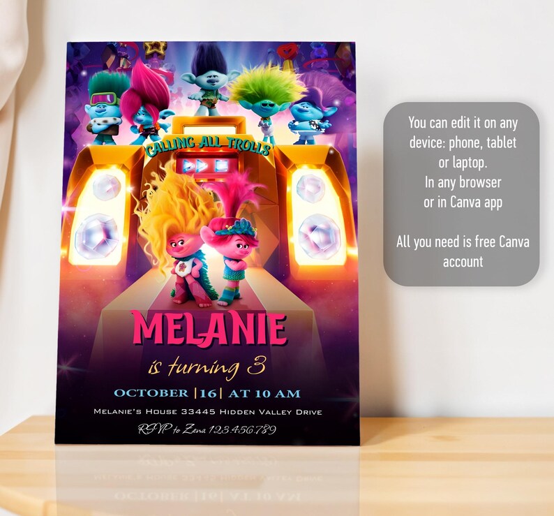 Editable Trolls Invite, Printable Birthday Invitation, Girl Birthday ...