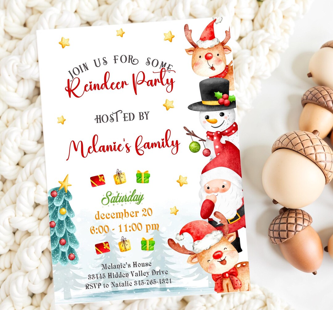Printable Reideer Invitation, Rudolph Birthday Invite, Editable Xmas ...