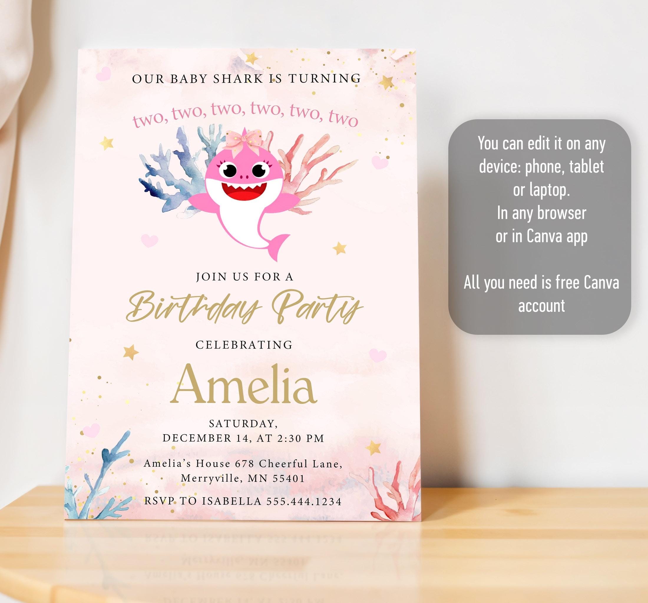 Editable Printable Baby Shark Birthday Invitation, Boy Girl Birthday ...