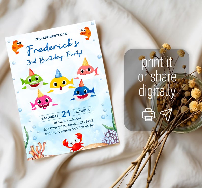 Editable Printable Baby Shark Birthday Invitation, Boy Girl Birthday ...