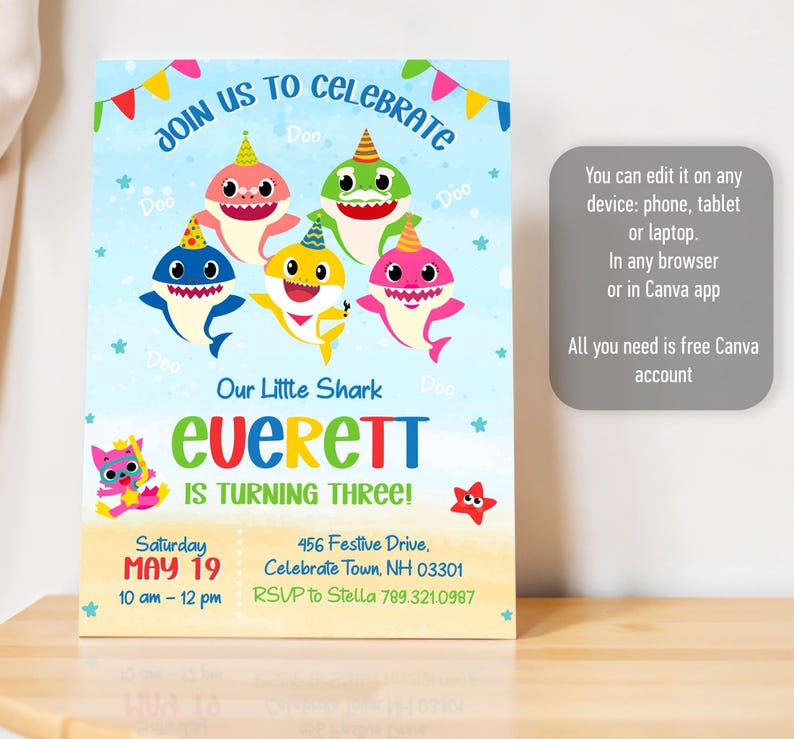 Editable Printable Baby Shark Birthday Invitation, Boy Girl Birthday ...