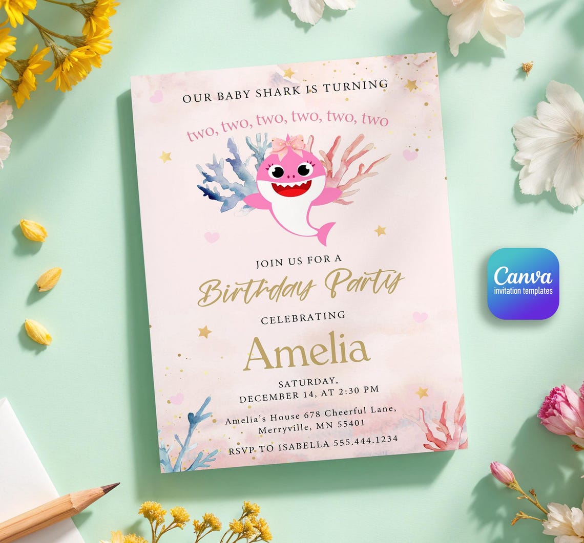 Editable Printable Baby Shark Birthday Invitation, Boy Girl Birthday ...