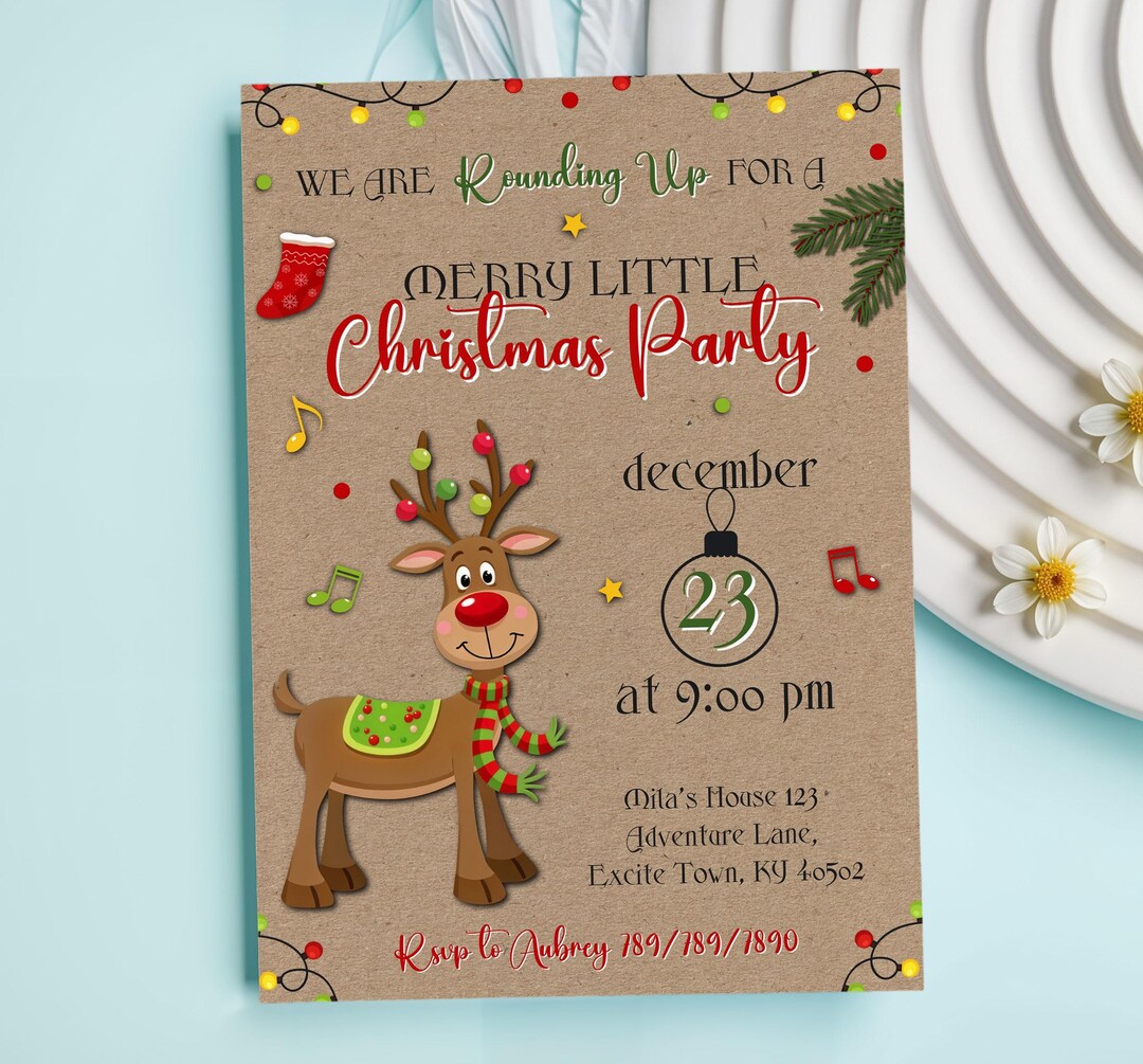 Printable Reideer Invitation, Rudolph Birthday Invite, Editable Xmas ...