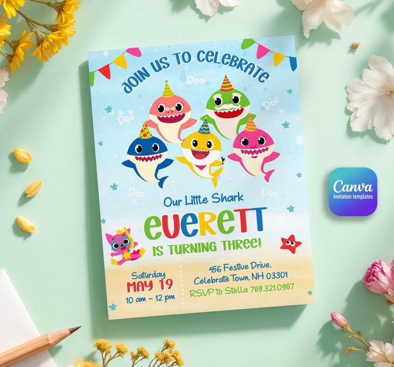 Editable Printable Baby Shark Birthday Invitation, Boy Girl Birthday ...