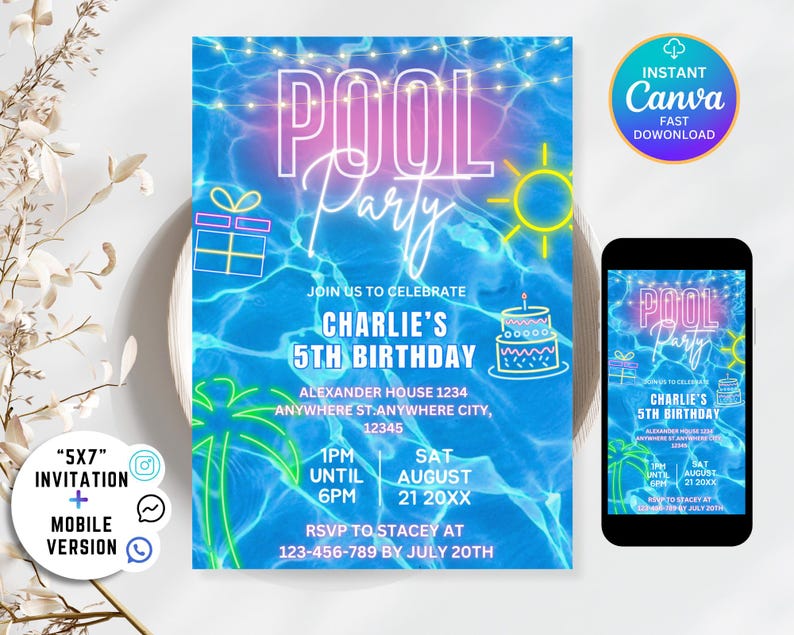 Editable Pool Party Birthday Invitation, Tropical Groovy Summer Party ...