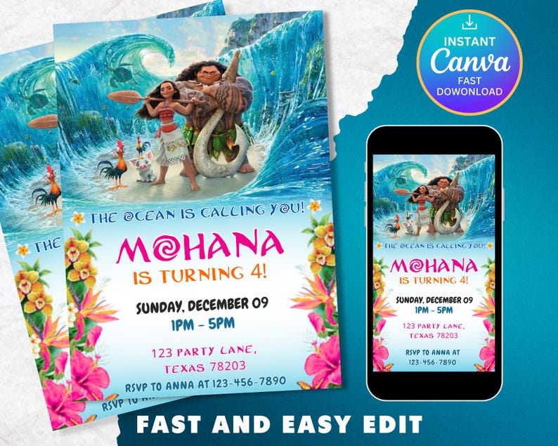 Editable Moana Birthday Invitation | Kids Theme Party Invitation ...