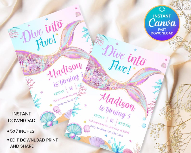 Dive Into Five 5th Birthday Mermaid Invitation, Mermaid Bash Under the ...