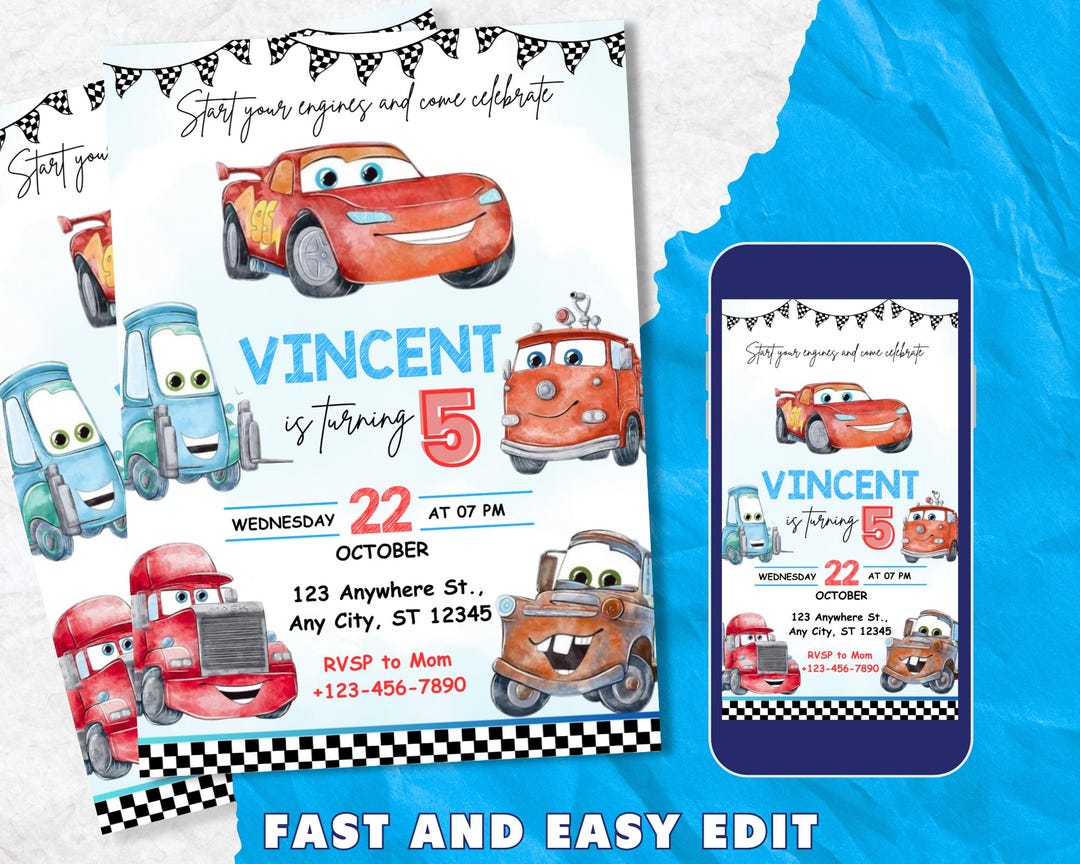 Editable Cars Birthday Party Invitation Cars Lightning Birthday Invite ...