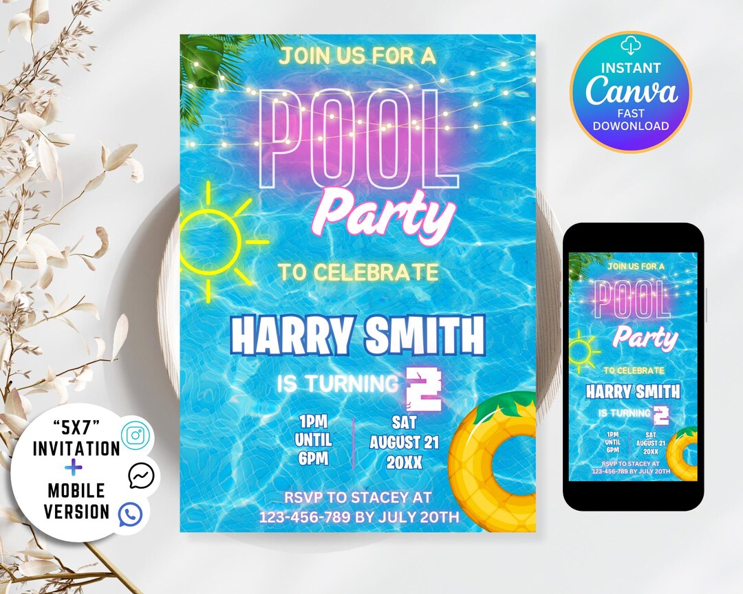 Pool Party Invitation, Text Invitation, iPhone Invitation, Neon Evite ...
