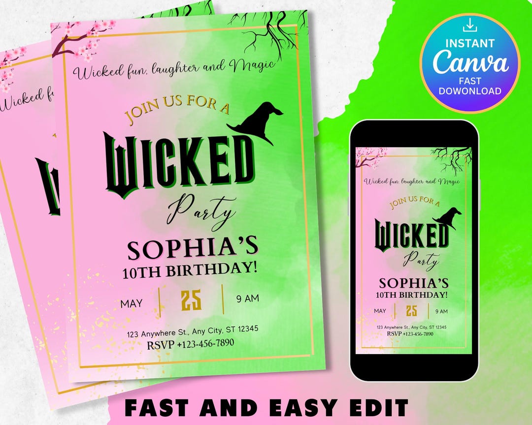 Wicked Party Invitation for Girls Party Theme Editable Invite Pink and ...